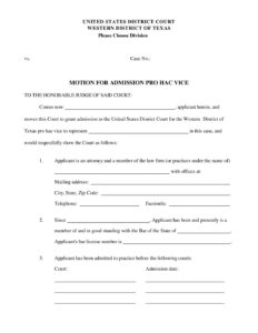 Motion and Order for Admission Pro Hac Vice For all divisions EXCEPT ...